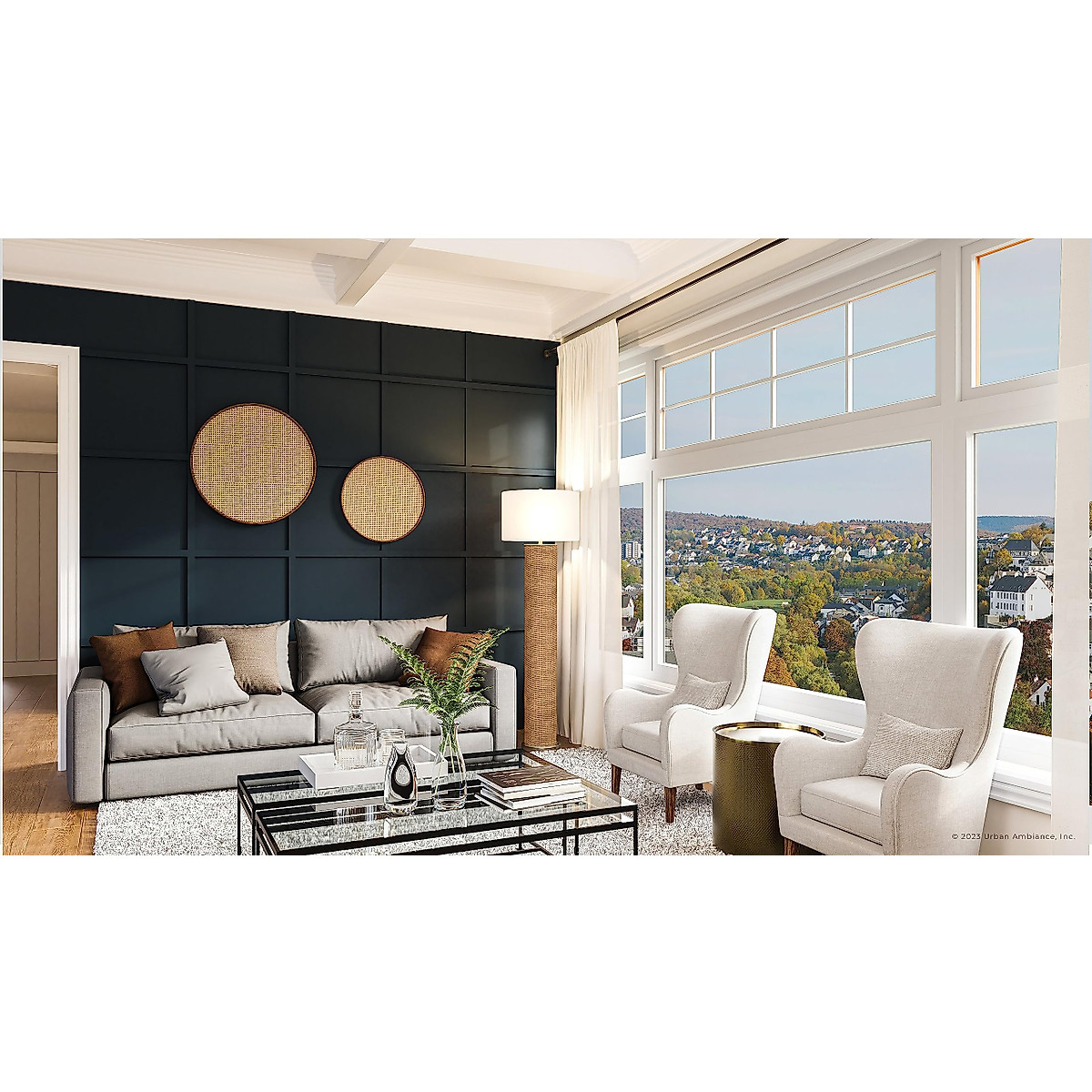 Urban Ambiance Luxury Scandinavian Floor Lamp, 19''W x 19''D x 64''H, with Modern-Farmhouse Elements, Natural Brown Finish and a White Linen Hardback Shade, UEX8102