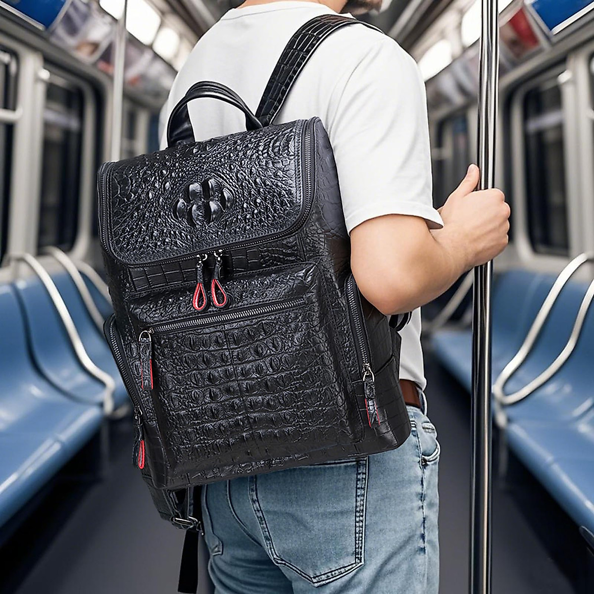 boshiho Real Leather Laptop Backpack Fashion Travel Bag Daypack for Men, Crocodile Pattern ( L)