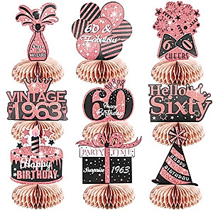 9Pcs 60th Birthday Decorations Men, Glittery Happy 60th Birthday Centerpieces for Tables Decorations for Women, Honeycomb Table Topper, Best Gifts for Sixty Years Birthday Party Decoration Supplies.
