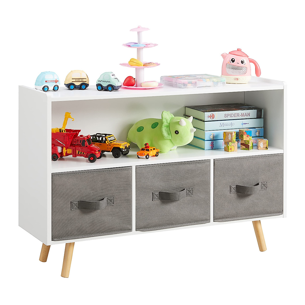 GTOLV Toy Storage Organizer, Kids Bookshelf with Collapsible Fabric Drawers and Pine Legs, Perfect for Organizing Toys and Books in Playroom, Nursery or Children's Room
