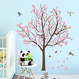 2 Sheets Removable Pink Peach Tree Wall Decals Cherry Blossom Trees Wall Stickers Birds Butterfly Wall Decal Home Art Decor for Kids Girls Babys Bedroom Nursery Room Living Room Decorations (A)