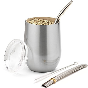 BALIBETOV 5 pcs large Yerba Mate Cup and Bombilla Kit, Includes one 12 oz Yerba Mate Gourd with Lid, Two Bombillas Mate Straw and one cleaning brush | Stainless steel | Double Walled