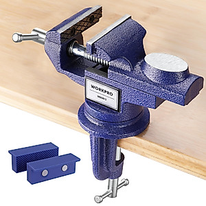WORKPRO Bench Vise, 2.5 Inch Jaw Width Universal Table Vise, 360°Swivel Base Home Vice Bench Clamp with Magnetic Jaw Pads, Portable Clamp-on Vise Bench for Woodworking, Metalworking, Drilling