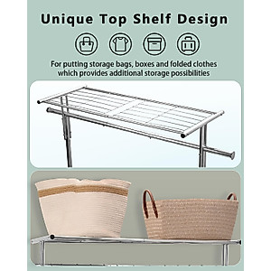 HOUSE AGAIN Clothes Rack on Wheels with Extra Top Storage Shelf, LARGE Rolling Garment Rack for Hanging Clothes, Heavy-duty Metal Clothing Rack Organizer for Bedroom, Living Room -Silver