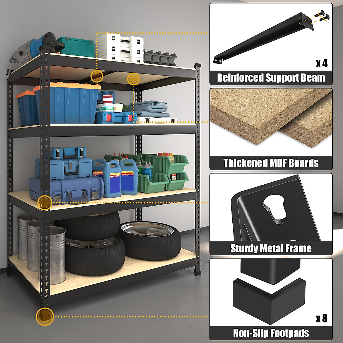 PrimeZone 40" W x 20" D x 59" H Heavy Duty Storage Shelves, 4 Tier Adjustable Garage Storage Shelving, Metal Storage Utility Rack Shelf Unit for Warehouse Pantry Closet Kitchen, Black