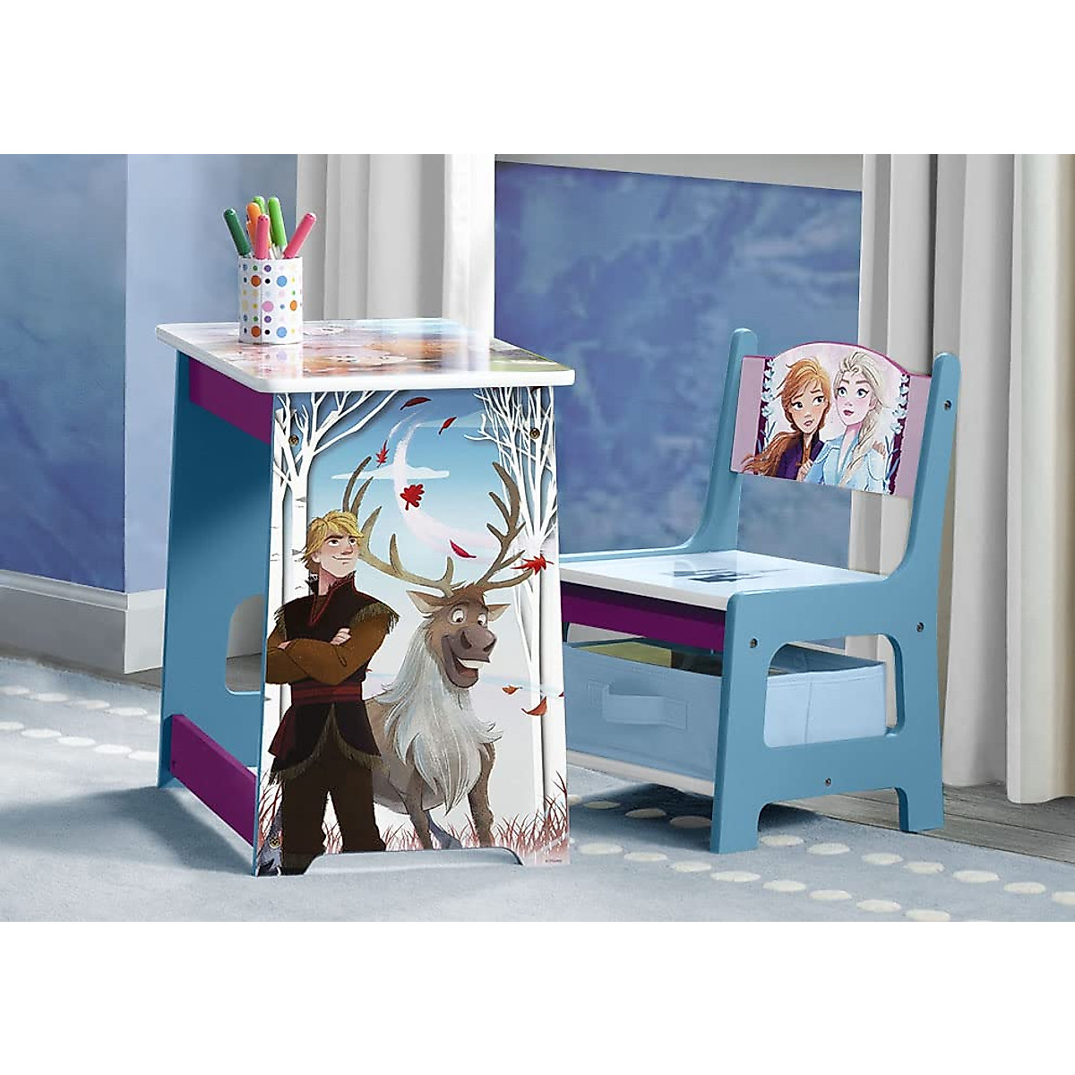 Disney Frozen Kids Wood Art Desk and Chair Set with Dry Erase Top and Reusable Vinyl Cling Stickers by Delta Children - Greenguard Gold Certified