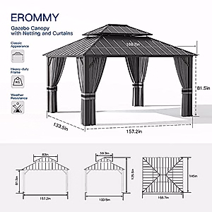 Gotland 12' x 14' Hardtop Gazebo,Outdoor Galvanized Steel Metal Double Roof Gazebo with Curtains and Netting for Patios, Gardens, Lawns,Sand