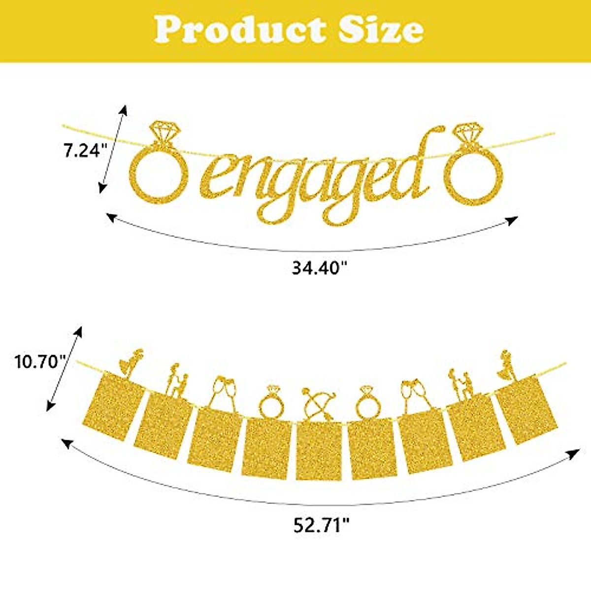 Engagement Wedding Decorations, Gold Engaged Banner and Photo Banner with Romantic Memories Picture Card Frames for Engaged / Wedding / Anniversary / Valentines Day Party