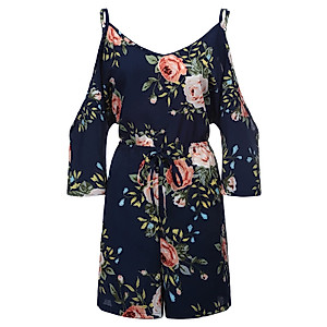 Padaleks Women Plus Size Floral Printed Jumpsuits Casual Short Sleeve Cold Shoulder Shorts Rompers Wide Leg Pants