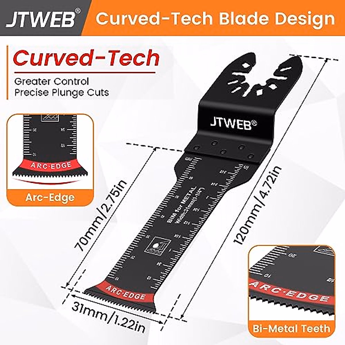 JTWEB Extra Long Oscillating Saw Blades - 12PCS Arc Edge Bi-Metal Multitool Blades Precise Cut for Wood with Nails, Wood, Metal, Universal Quick Release Power Oscillating Tool Blades Kits for Dewalt