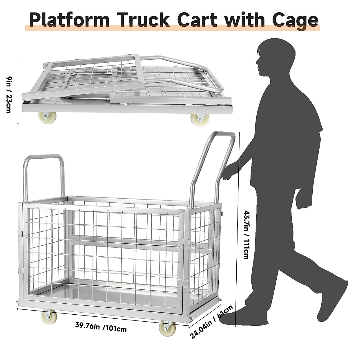 Platform Truck Cart with Cage,5IN1 Multi-Functional Cage Cart,Heavy Duty Flatbed Cart Load 2500LBS,40"×24" Push Cart for Laundry,Grocery, Storage