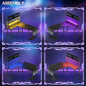 Aheaplus Small L Shaped Gaming Desk with LED Lights & Power Outlets, Reversible L-Shaped Computer Desk with Monitor Stand & Storage Shelf, Corner Desks Home Office Desk with Storage Bag, Black