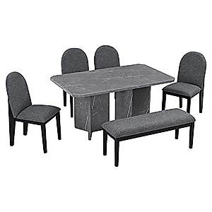 6-Piece Dining Table Set, Modern Style Kitchen Dining Table Set with Faux Marble Table and 4 Upholstered Dining Chairs & 1 Bench, Dining Room Set for 6 Persons (Gray)