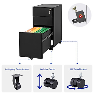 LVSTEEL 3 Drawer Slim Vertical File Cabinet with Lock, Under Desk Metal Filing Cabinet for Home Office fits Legal/Letter/A4 File, Fully Assembled Except Wheels, Black
