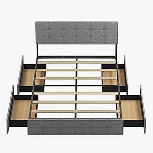 Mixoy Upholstered Platform Bed Frame with 4 Storage Drawers,Cal King Bed Frame with Square Button Tufted Adjustable Headboard, Wood Slat Support,No Box Spring Needed,No Mattress (Cal King,Dark Grey)
