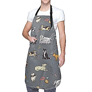 Perinsto Cute Dogs Animal (Dark Grey) Waterproof Apron With 2 Pockets Kitchen Chef Aprons Bibs For Cooking Baking Painting Gardening Grooming