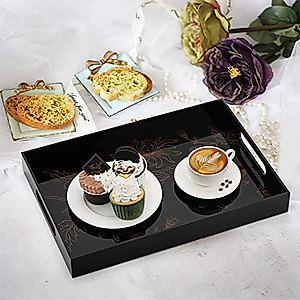 Hacaroa Black Acrylic Serving Tray with Handles, 17" x 12" Rectangular Breakfast Tray for Coffee Table, Appetizer, Tea, Decorative Floral Vanity Tray Organizer, Spill-Proof
