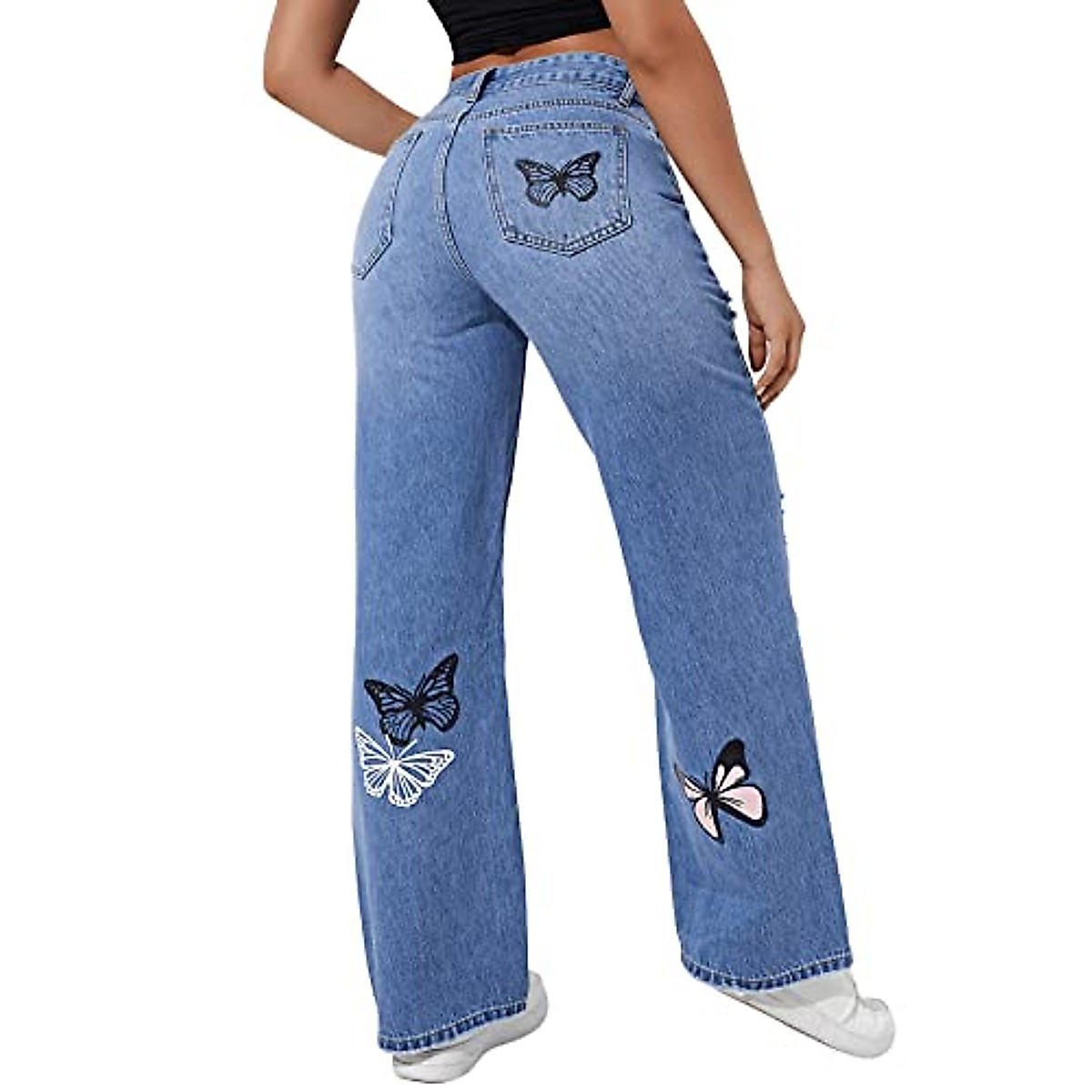 SweatyRocks Women's Ripped Straight Leg Jeans High Waist Distressed Cutout Denim Pants Blue Butterfly S
