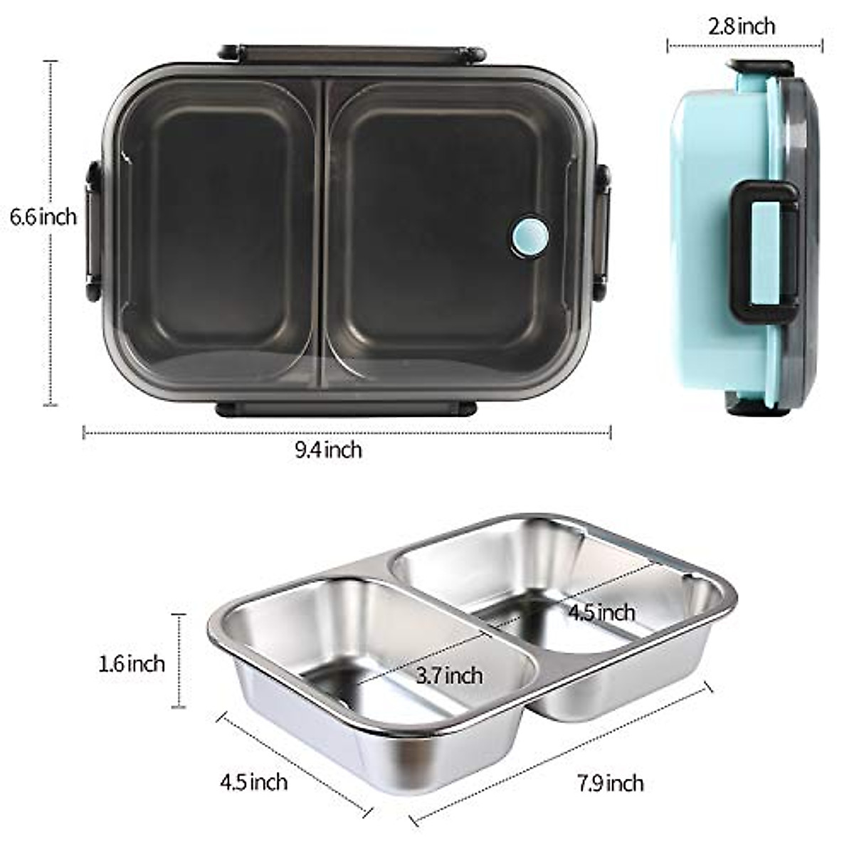 WORTHBUY Stainless Steel Lunch Container, 2 Section Design, Keep Foods Separated, Metal Bento Box with Insulated Lunch Bag Portable Utensil, Kids/Women/Adults, BPA-Free(2nd Generation,Blue)