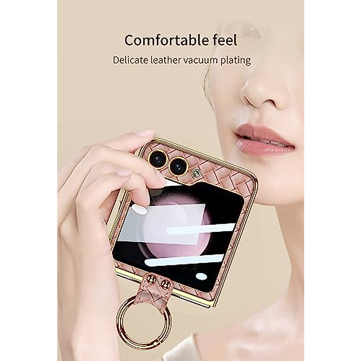 BAILI Galaxy Z Flip 5 Case,360° Whole Protection Braided Leather Z Flip5 Cover with Ring,Comes with Small Screen Protector Precise Hole Location Design Shell for Samsung Galaxy Z Flip5-Champagne