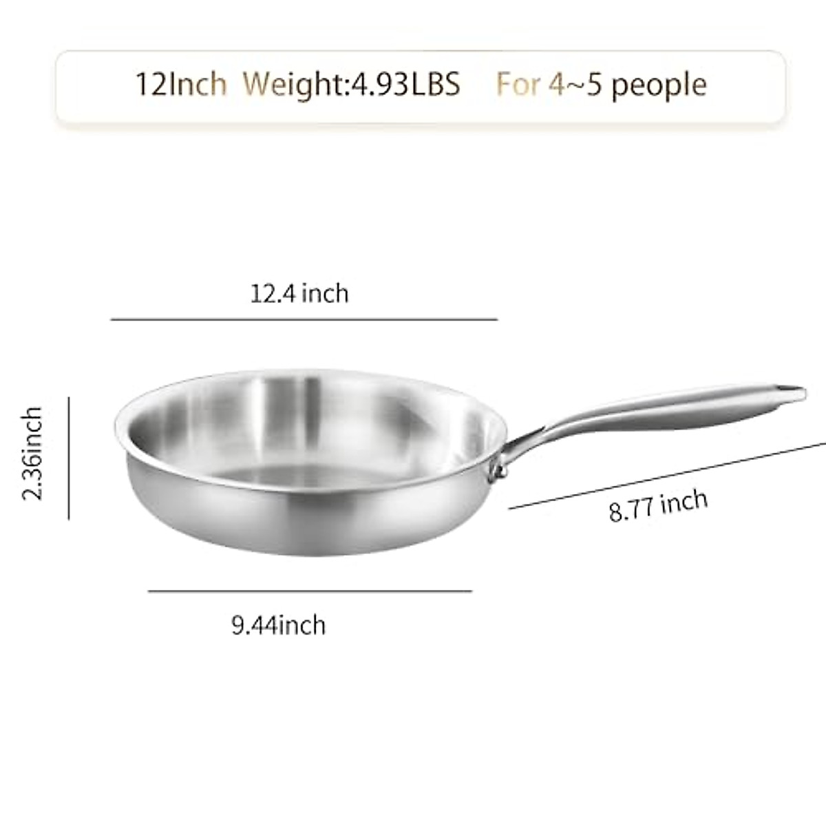 DELARLO Whole body Tri-Ply Stainless Steel 12inch Frying Pan, Oven safe induction skillet,pots and pans set,Suitable for All Stove (Detachable Handle)
