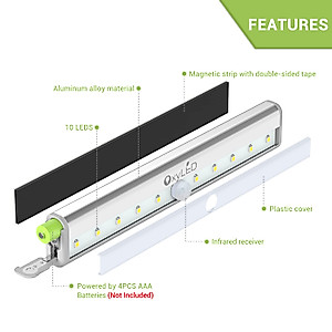 OxyLED Under Cabinet Lights - Battery Operated 10 LED Motion Sensor Closet Lights, Wireless Stick-on Anywhere Motion Sensor LED Strip Lights for Cabinet, Closet, Hallway, Stairs, Pantry