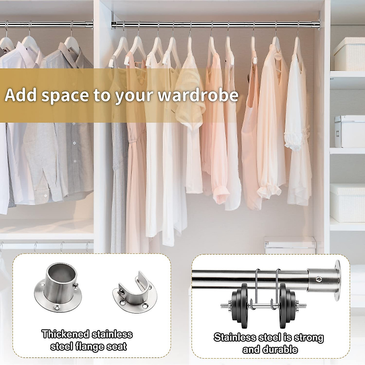 Closet Rod for Hanging Clothes, 28 to 50 Inch Adjustable Extender Closet Hanging Rods, Heavy Duty Tension Metal Extender Closet Pole for Wardrobes(Stainless Steel Silver)