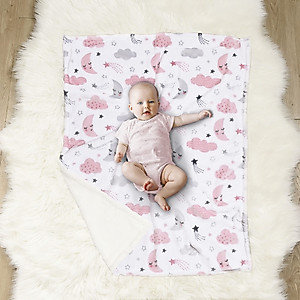 Life Comfort Ultimate Sherpa Baby Blanket, Fluffy Pink and Grey Cloud and Moon Premium Blanket for Baby Girl, Soft Warm Cozy Toddler, Infant or Newborn Blanket for Crib, Stroller, Travel, Nursery