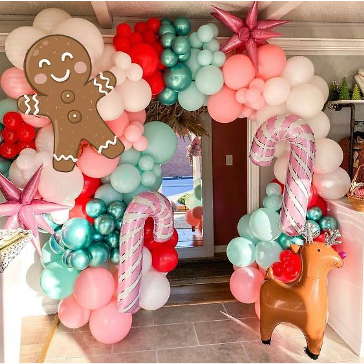 Enanal Pink Christmas Balloon Garland Arch Kit, 146pcs Pastel Pink Green Metallic Red Green Balloons with Candy Cane Gingerbread Foil Balloons for Christmas New Year Party Decoration (Pink)
