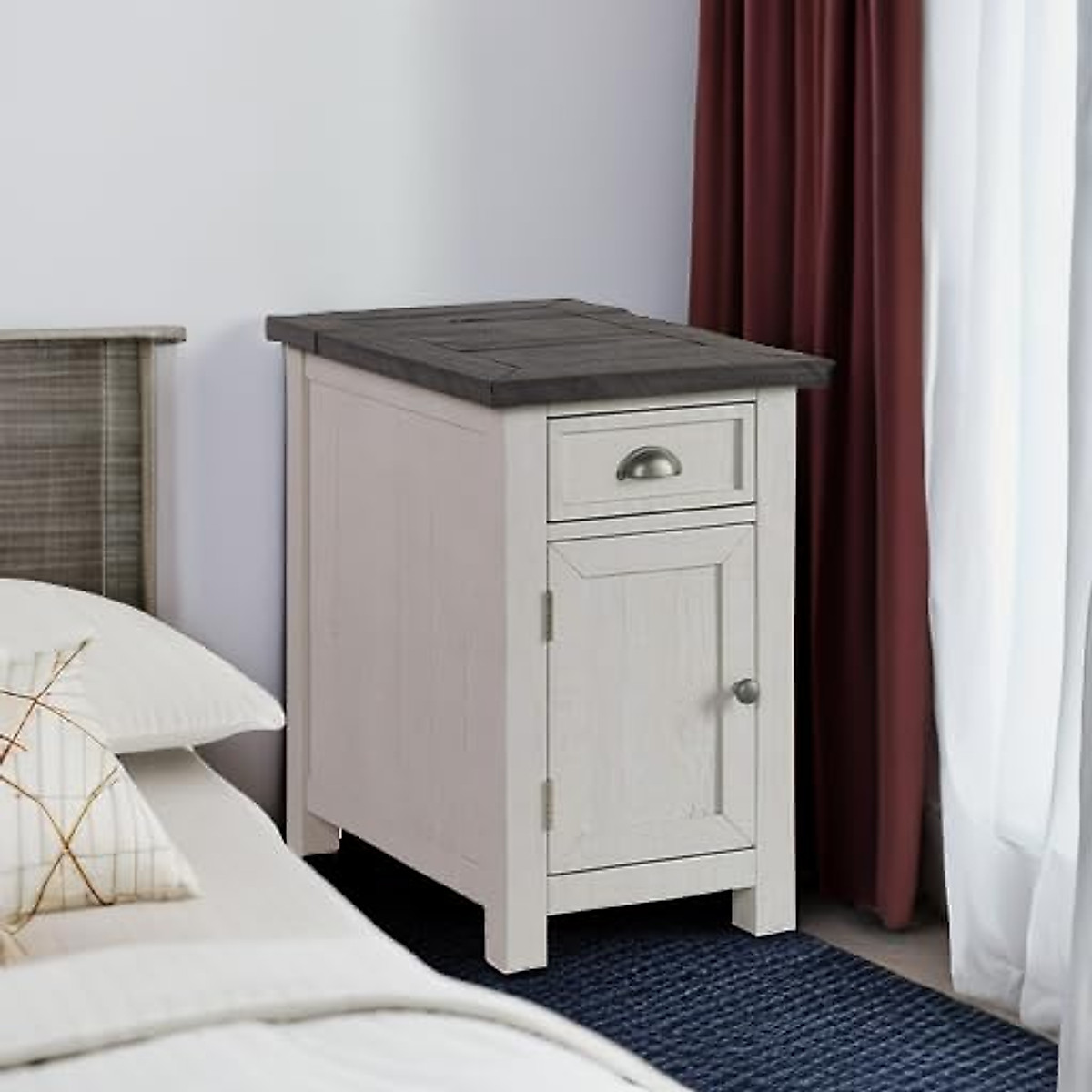 Martin Svensson Home Monterey Chairside Table - White with Grey Top - Coastal Multi-Use Table with Built-in Outlets and Drawers for Bedroom or Living Room