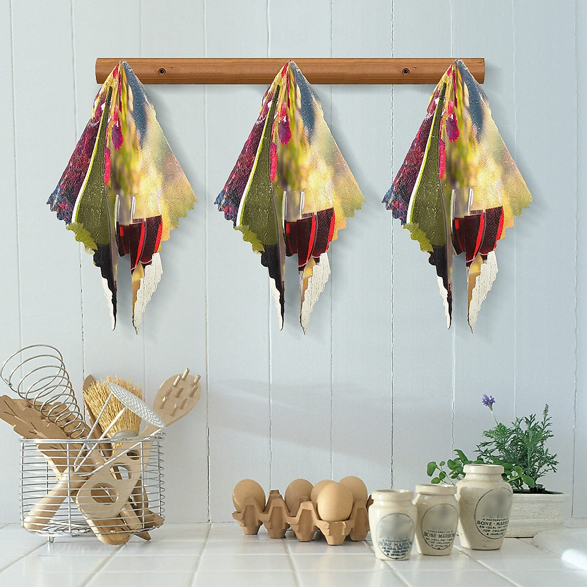 BOENLE Dish Towels Set of 6, Wine Glass Vine of Grapes Kitchen Drying Dishes Dishcloths Cotton Hanging Absorbent Rags Funny Decorative