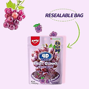 Amos 4D Gummy Candy Grape Burst, Fruity Snacks Central Jelly Filled, Halloween Candy Gift, Resealable 2.29oz Bag for Halloween Parties（Pack of 6）