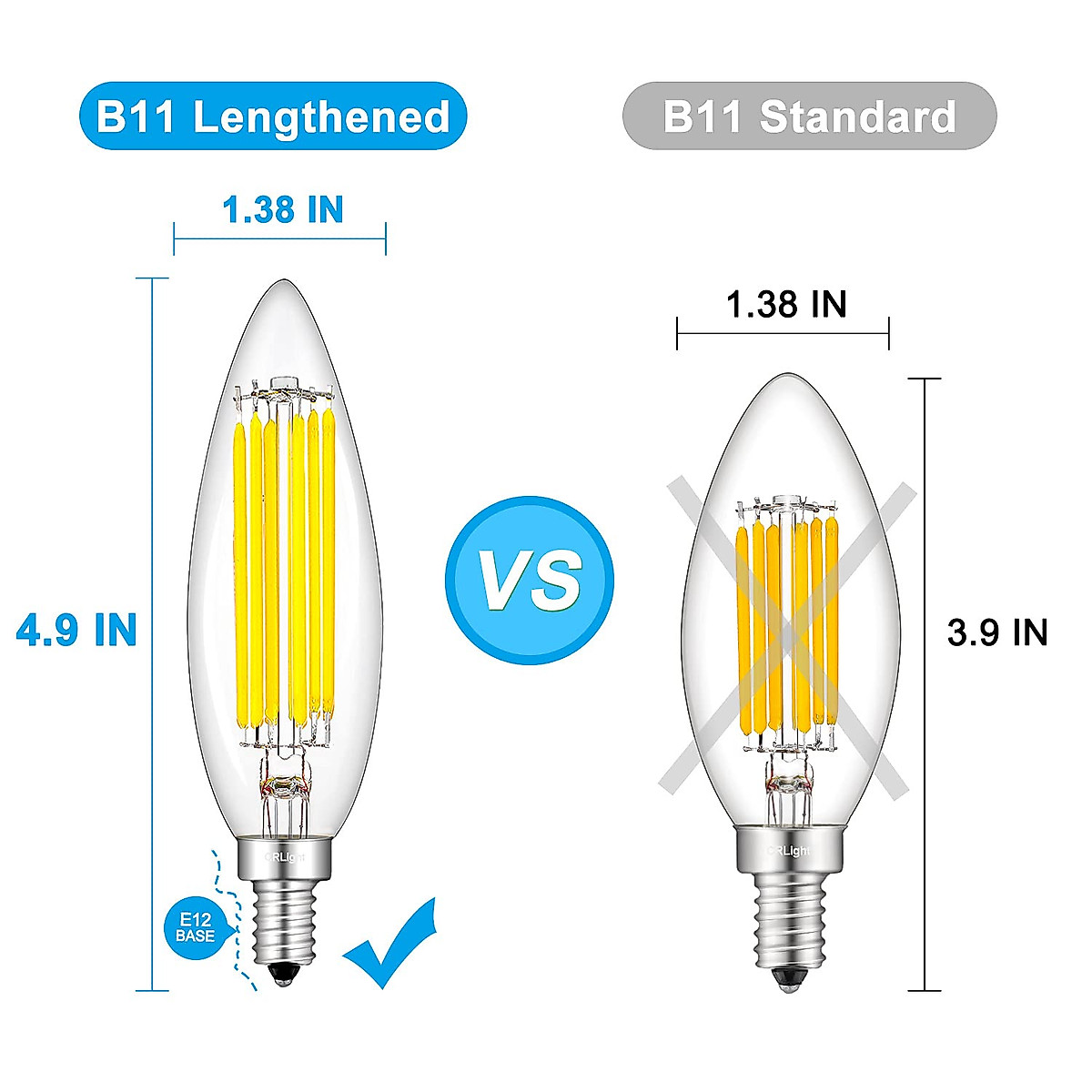 CRLight 10W High Brightness Dimmable LED Candelabra Bulb 5200K Daylight White, 90W Equivalent 900LM E12 LED Bulbs, Upgraded Lengthened B11 Clear Glass Chandelier Light Bulbs, 4 Pack