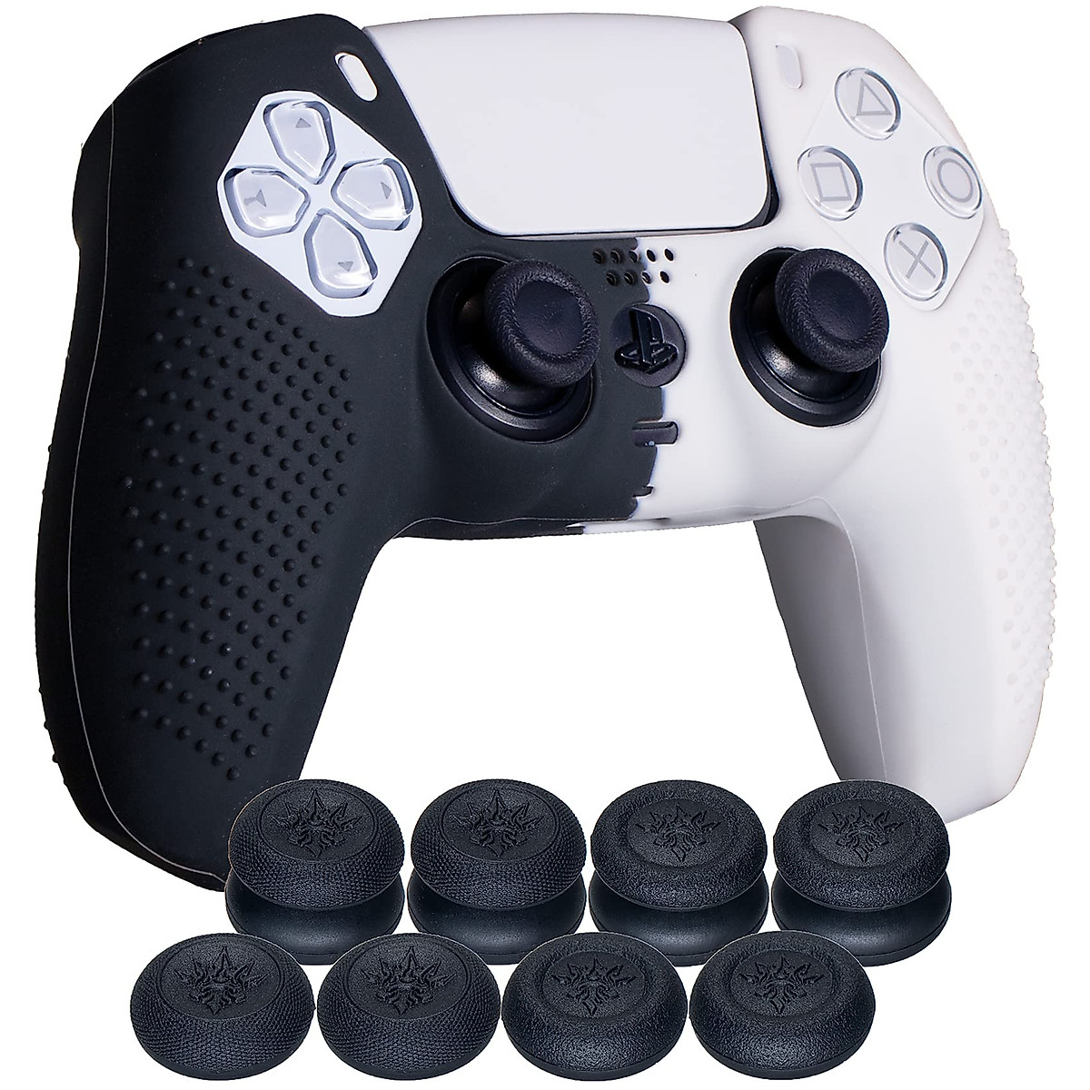 YoRHa Studded Silicone Cover Skin Case for PS5 Controller x 1(Black&White) with Pro Thumb Grips x 8