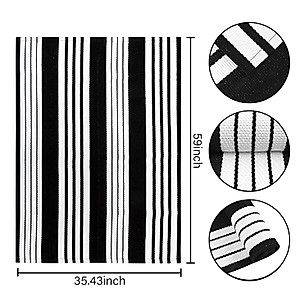 OJIA Black and White Outdoor Rug 3 x 5 ft Cotton Hand-Woven Striped Porch Rug Machine Washable Entry Rug Indoor/Outdoor Area Rug Front Door Rug Floor Mat for Farmhouse/Living Room/Home Entrance