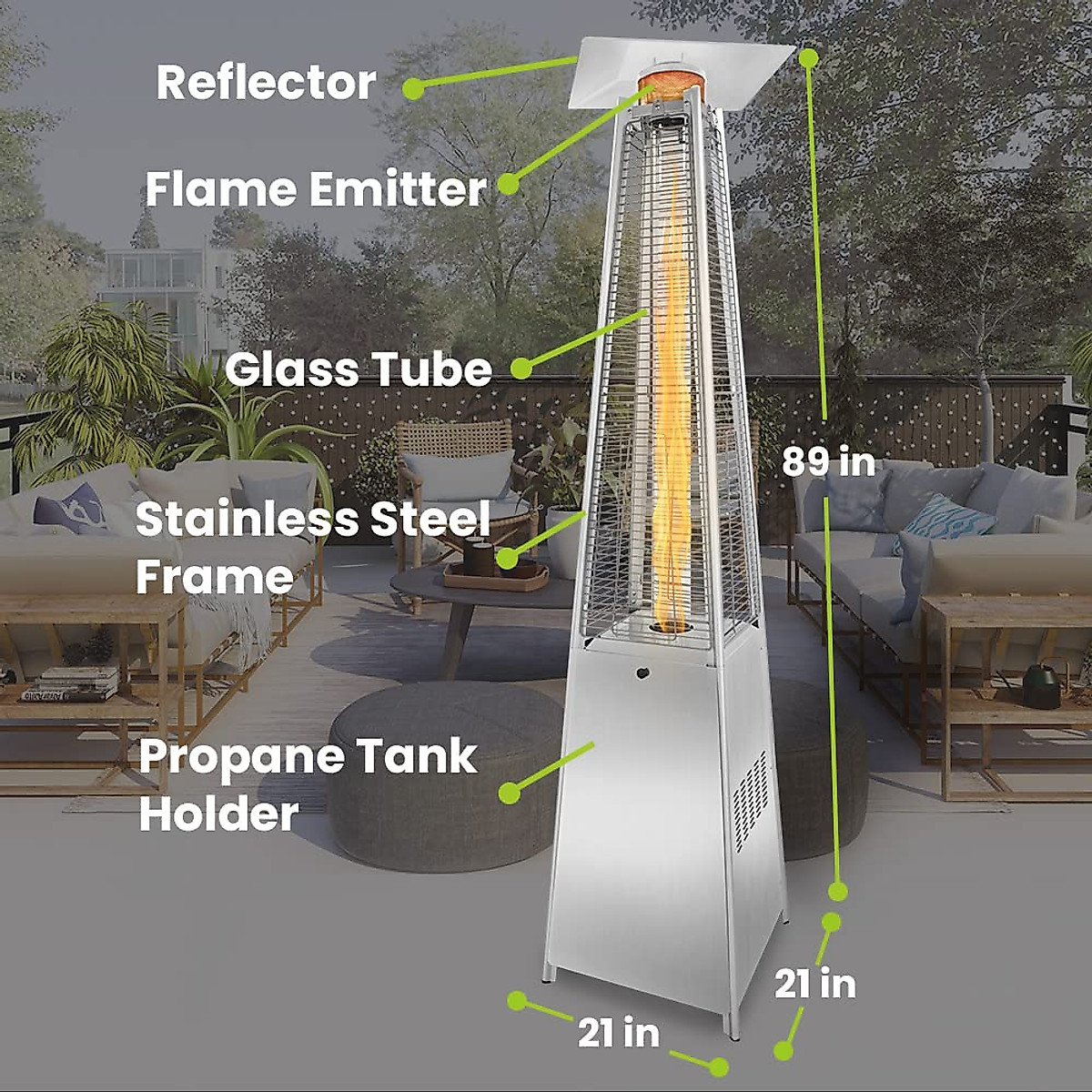 Outdoor Patio Propane Space Heater - 48,000 Btu Pyramid Propane Heater, Outdoor Heater, Portable Heater, Patio Heater Propane, W/Wheels (PPH-PYR))