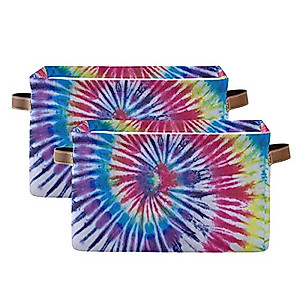 AUUXVA Storage Bins Canvas Fabric Storage Basket 2pc Tie Dye Collapsible Storage Cube Box with Handles for Clothes, Book, Toys, Shelf, Gift Baskets