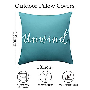 KRINGSIA Pack of 2, Unwind Outdooor Waterproof Throw Pillow Covers, Square Decorative Garden Cushion with Quotes & Sayings for PatioTent Couch (18x18 inch, Turquoise)