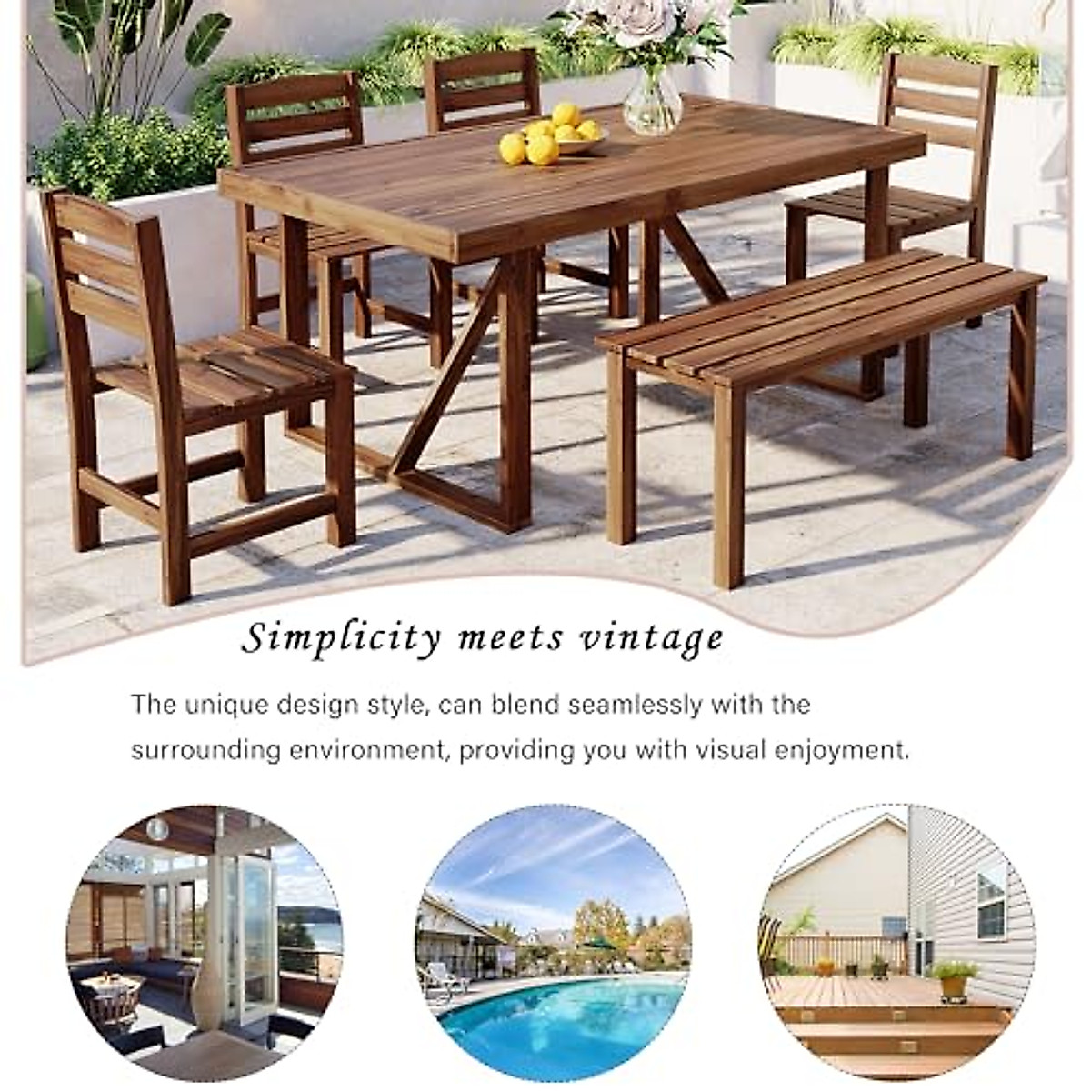 YOPTO Acacia Wood Outdoor Table and Chair Set,Outdoor Dining Sets with 4 Chairs and Bench, 6 Piece Patio Furniture Suitable for Patio,Balcony, Backyard,Natural