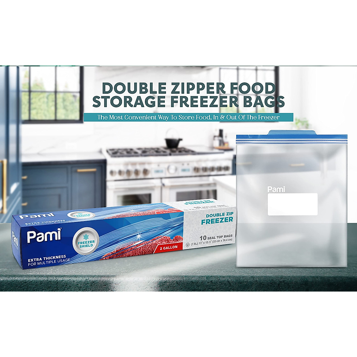 PAMI Double Zip, Extra-Thick Freezer Gallon Bags [10 Pieces] - Leakproof Freshness-Lock Food Storage Bags With Expandable Bottom- Food-Safe Zipper Bags With Freezer Shield Technology- Reusable