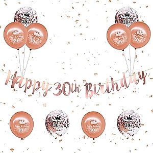 Happy 30th Birthday Banner 12 PCS, Rose Gold 30th Birthday Banner Bunting with 12 Inch Rosegold Happy 30th Birthday Confetti Helium Latex Balloons for Women 30th Birthday Party Decorations Supplies
