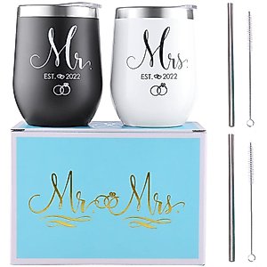 Sparkle Moment Mr and Mrs Est 2022 Wedding Gift Set -12 oz Stainless Steel Wine Tumbler/Cup/Mug/ Bridal Shower/Bride to be/Engagement/Bachelorette Party for Newlyweds Couples (12 oz, Black & White)