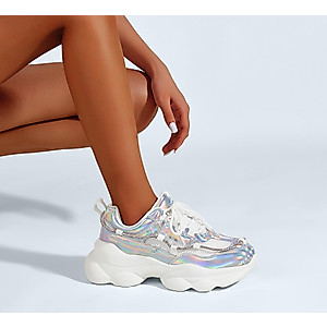 LUCKY STEP Women's 90s Chunky Sneakers Sparkly Bling Rhinestone Rope Platform Casual Thick Dad Rave Walking Shoes(Hologram Silver,7 B(M) US)