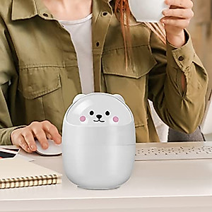 VOSAREA Mini Trash Can Desktop Trash Can Cartoon Bear Shape Wastebasket Small Table Waste Bin with Shake Lid for Home Office Desk (White)