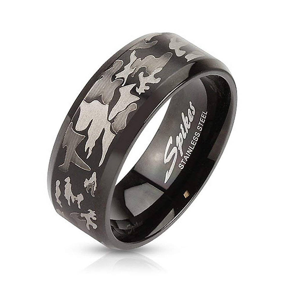 Camouflage Laser Etched Black IP Over Stainless Steel Band Ring (Width: 0.31" (8mm), Ring Size: 10)