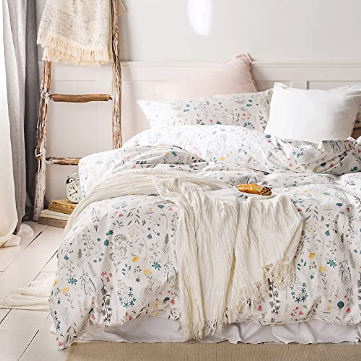 VM VOUGEMARKET King Bedding Duvet Cover Set,100% Cotton Colorful Flower Plant Pattern Bedding Set,Ultra Soft and Easy Care Zipper Closure-King,Floral