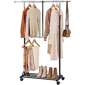 Tajsoon Clothes Rack,Heavy Duty Double Rods Clothes Hanging Rack,Commercial Clothing Storage Display,Adjustable Standard Rolling Garment Rack With Wheels,Clothing Rack,Chrome