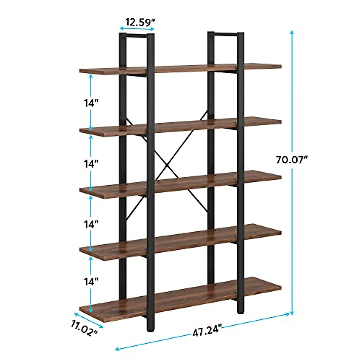 Tribesigns 5-Tier Bookshelf, Vintage Industrial Style Bookcase 72 H x 12 W x 47L Inches, Retro Brown