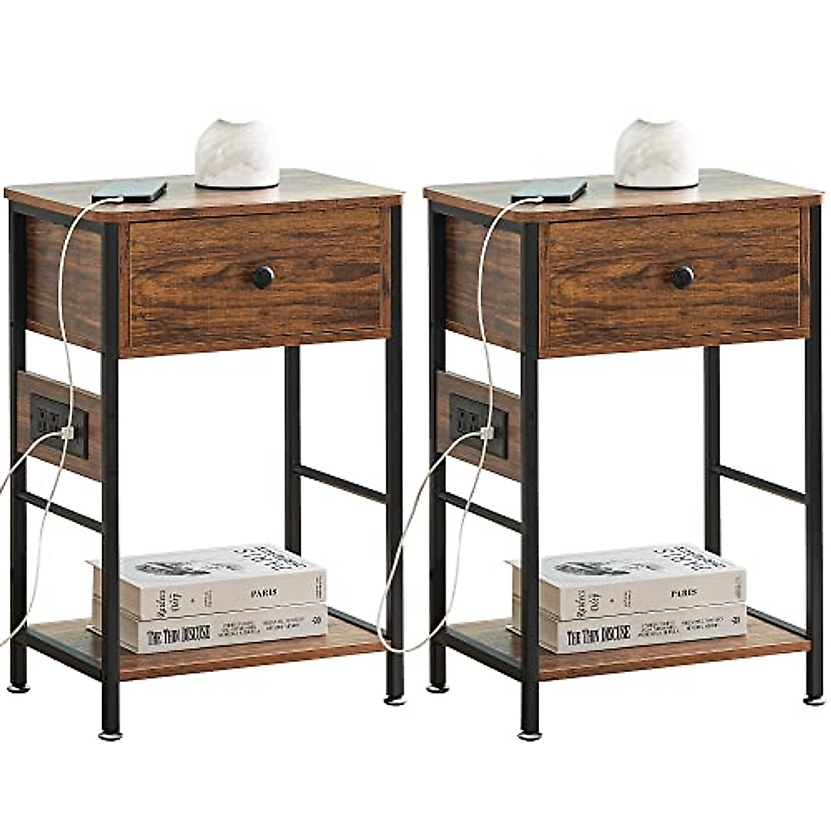 SunnyFurn Nightstand Set of 2,End Table with Charging Station,Side Table with Drawers and Storage,Beside Table for Living Room and Bedroom,Easy Assembly,Brown (Brown)