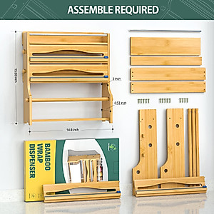 Foil Plastic Wrap Organizer Dispenser - Wall Mounted Paper Towel Holder & Spice Shelf, 4 in 1 Bamboo Kitchen 12" Roll Dispenser with Cutter